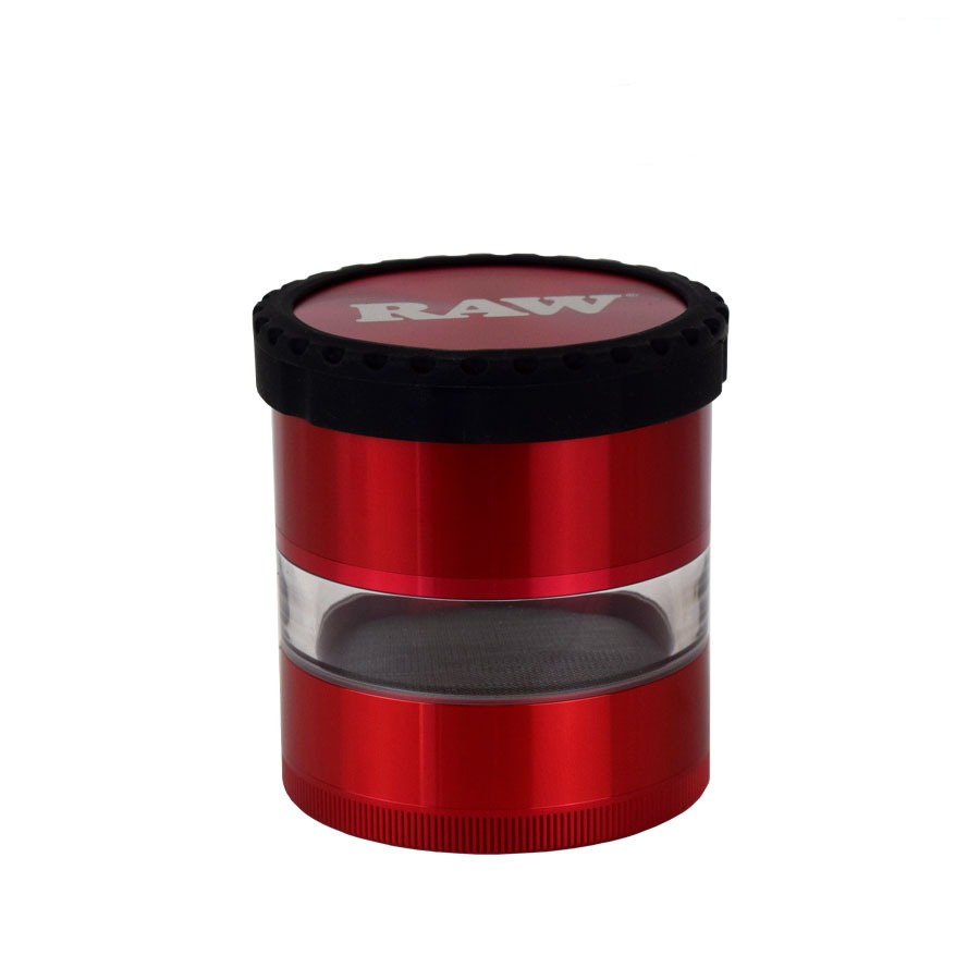Raw Life 4 Piece Grinder, Red with Clear Body - BC Extract Supply